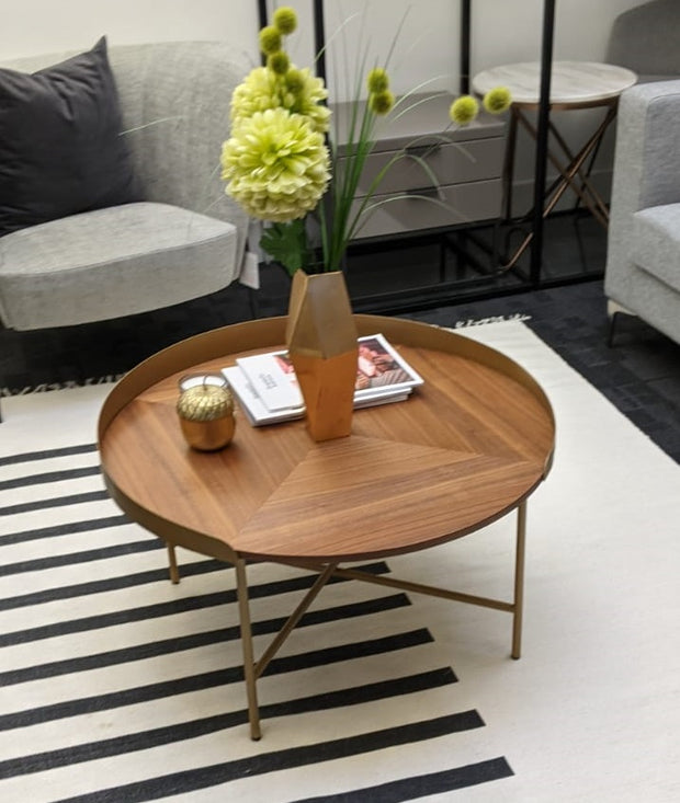 Walnut & Brass Round Coffee Table- Angel – Zenkki